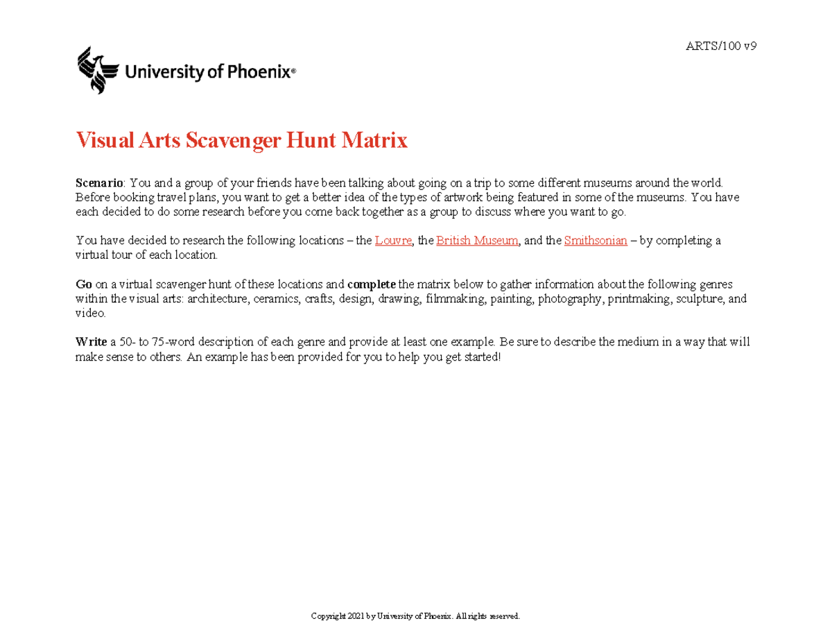 Arts100 v9 Week 2 Visual Arts Scavenger Hunt Matrix Guide - Studocu