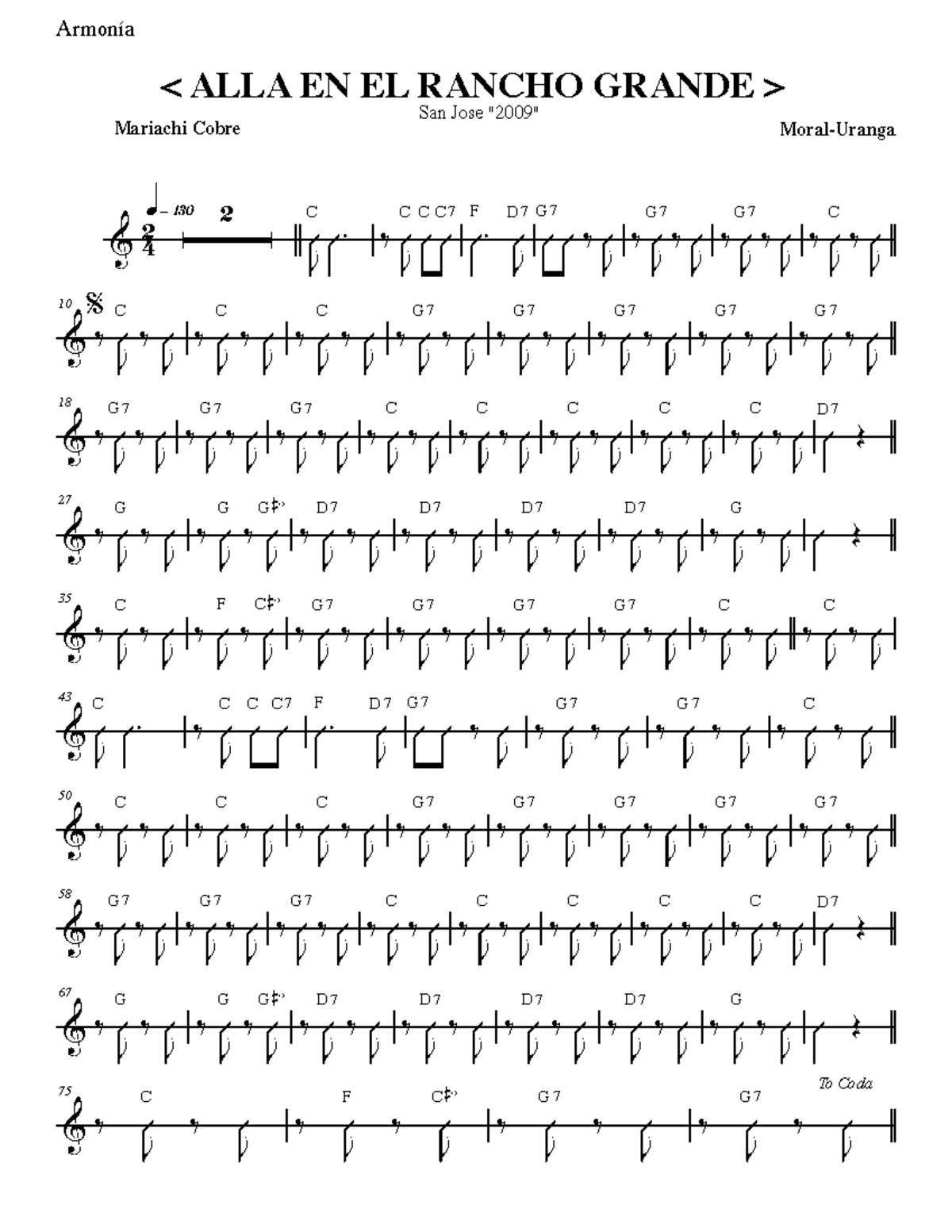 Alla en el Rancho Grande - Mariachi Cobre Score - Studocu
