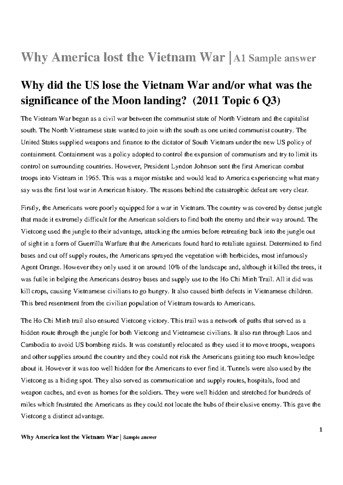 Why the US Lost the Vietnam War: A1 Sample Answer (2011 Topic 6 Q3 ...