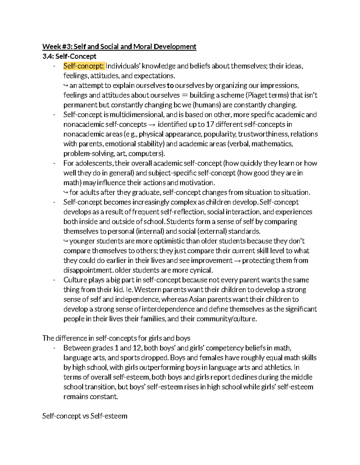 Educ 220 week #3 3.4 notes - Week #3: Self and Social and Moral ...