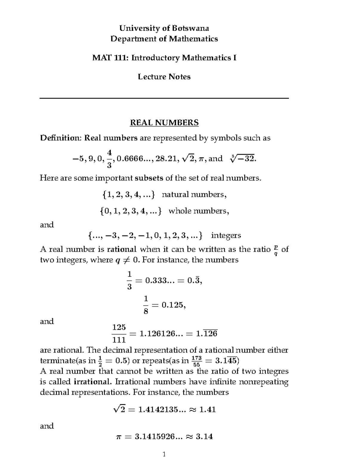 MAT 111: Lecture Notes on Real Numbers and Algebra Basics - Studocu
