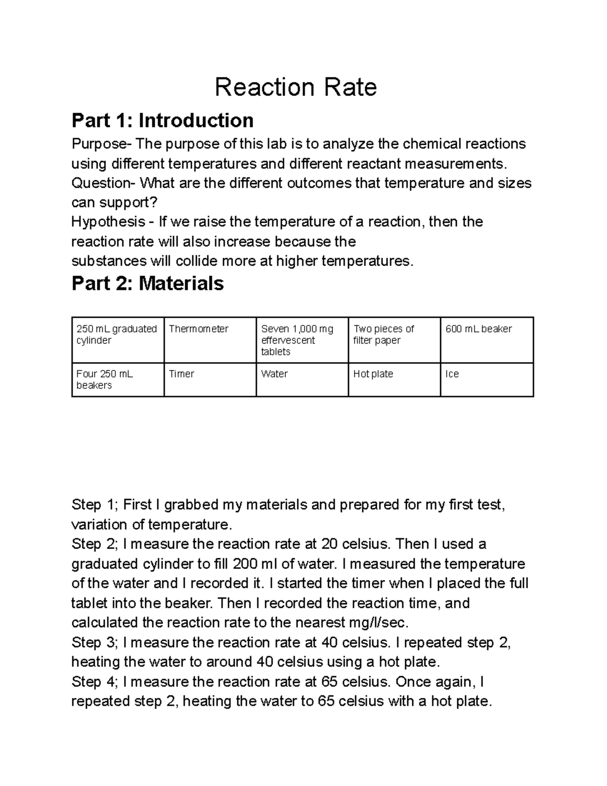 Reaction Rate Lab Report - Examining Temp & Particle Size Effects - Studocu