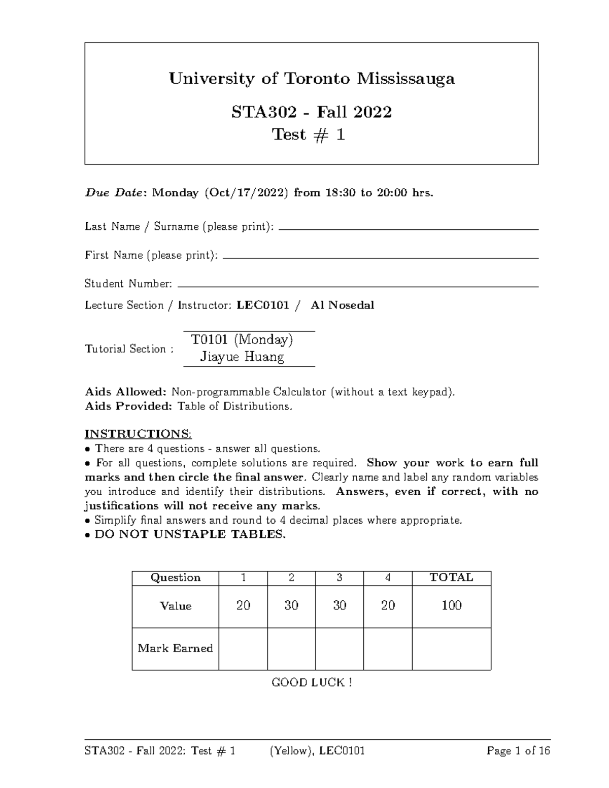 STA302-Fall22 Test #1 Instructions and Problems Overview - Studocu