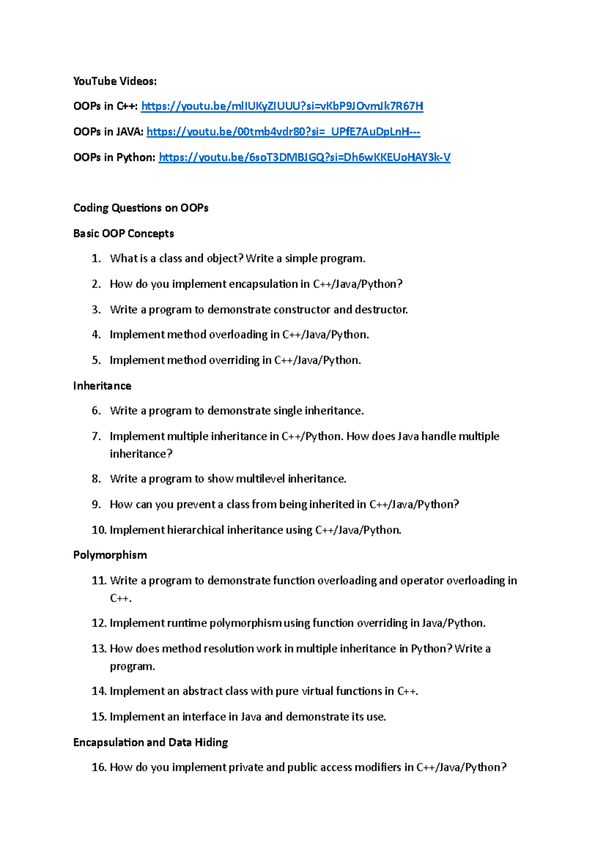 OOPs Concepts & Coding Questions: JAVA & Python Resources - Studocu