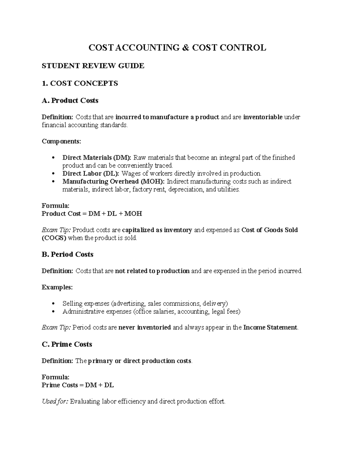 CACC Cost Accounting Final Review Guide: Key Concepts & Tips - Studocu