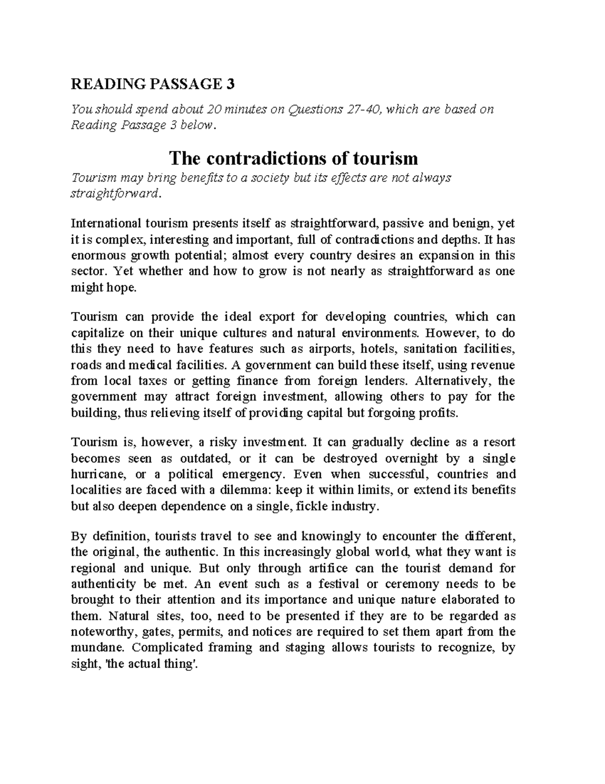 Tourism Contradictions: Insights from Reading Passage 3 - Studocu