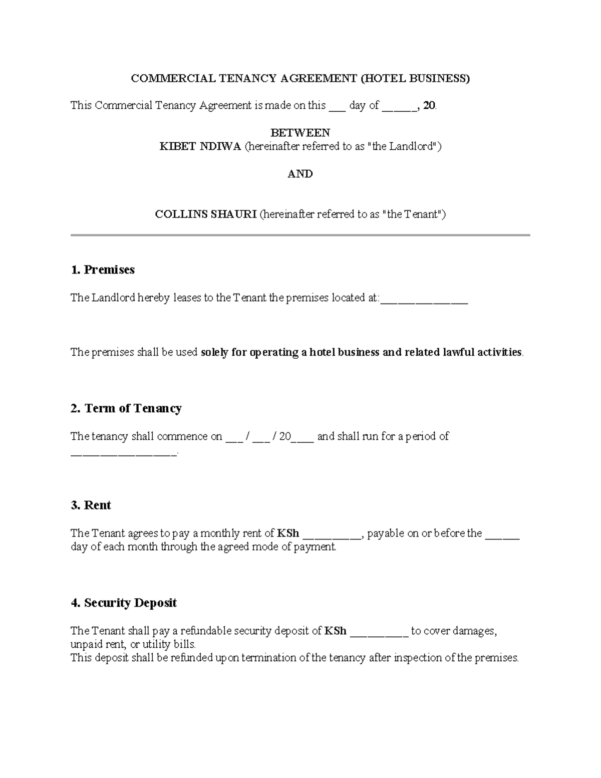 COMMERCIAL TENANCY AGREEMENT FOR HOTEL BUSINESS - Studocu