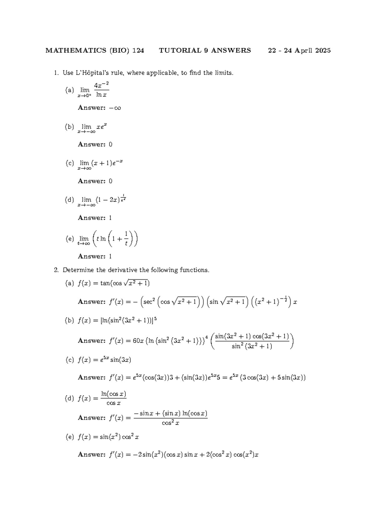 MATHEMATICS (BIO) 124 TUTORIAL 9 ANSWERS - LIMITS & DERIVATIVES - Studocu