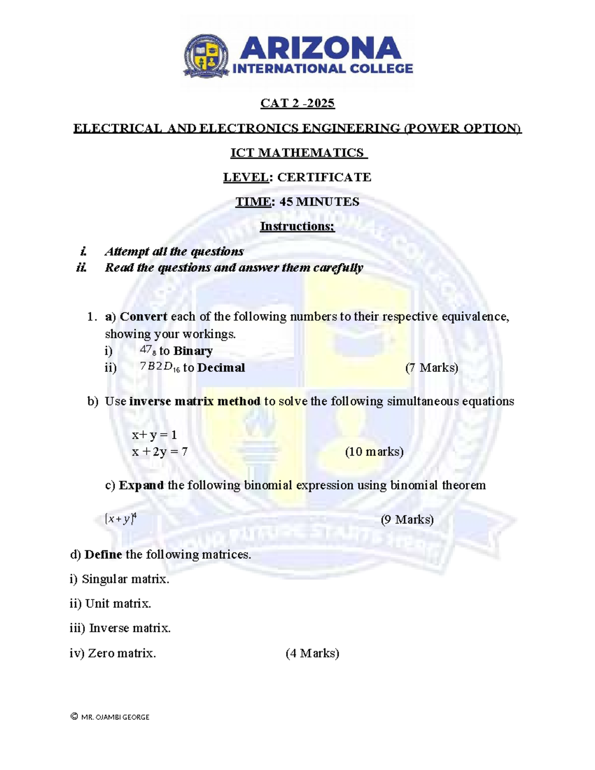 CAT 2 Electrical & Electronics Engineering Past Paper - 45 Min - Studocu