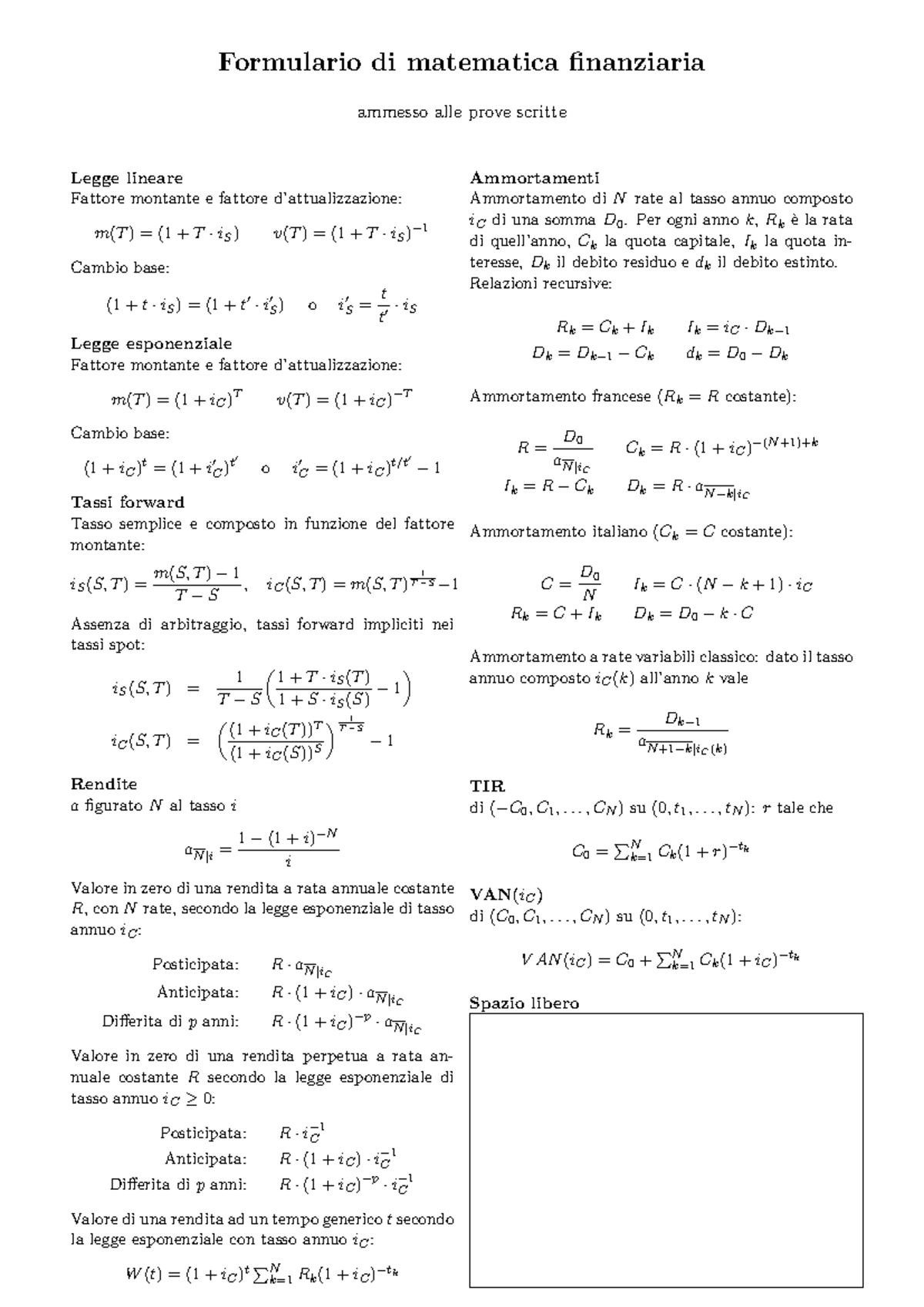 Formulario di Matematica Finanziaria - Prove Scritte - Studocu