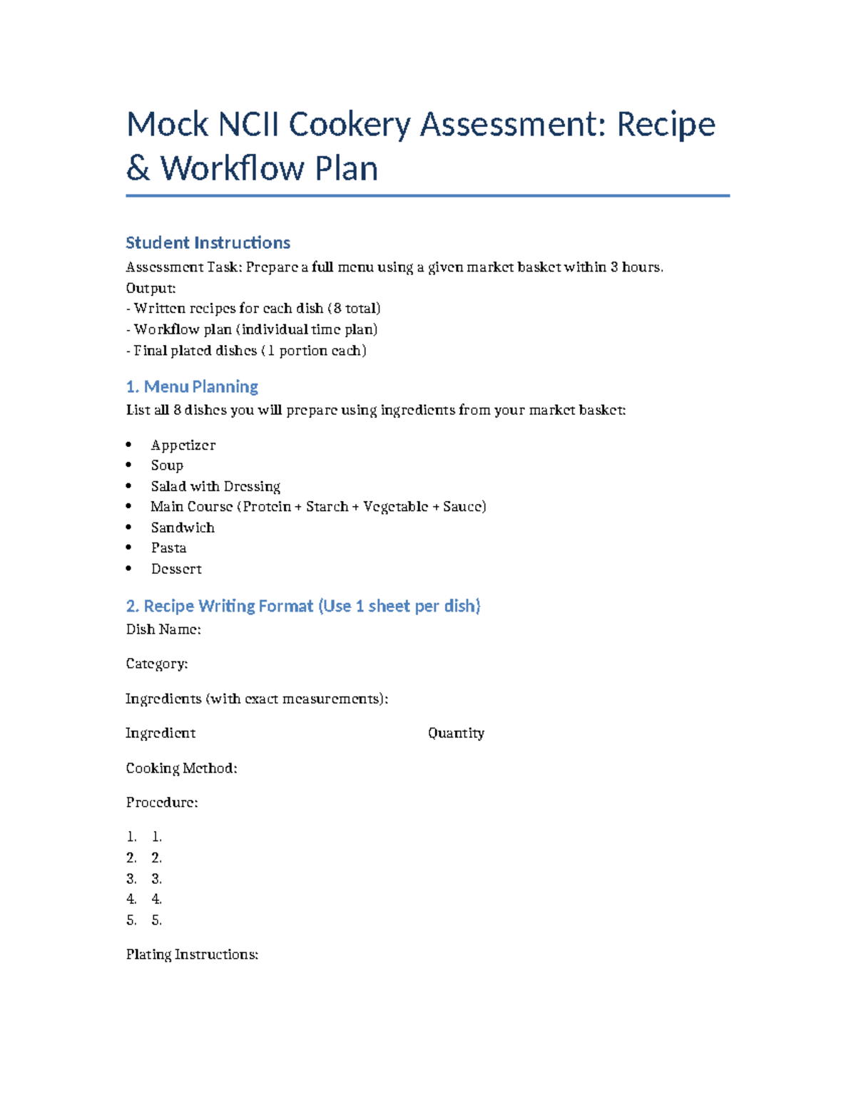 Mock NCII Cookery Assessment: Recipe Workflow Plan Guide - Studocu