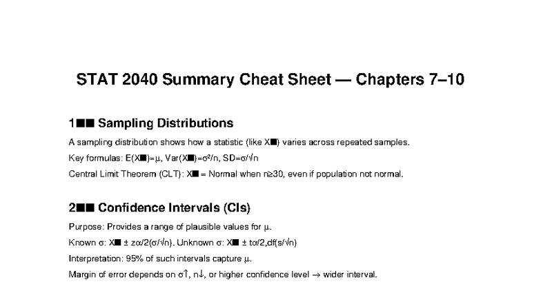 STAT 2040 Cheat Sheet: Sampling Distributions & Key Concepts - Studocu