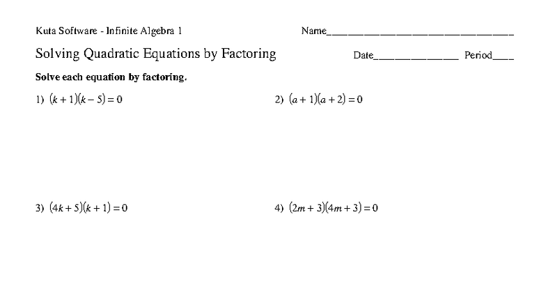 Kuta Software Infinite Algebra 1: Solving Quadratic Equations Worksheet ...