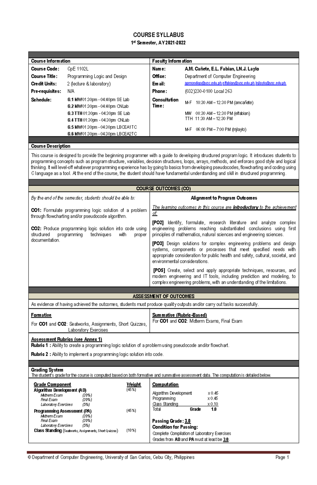 CpE 1102L Syllabus - Intro to Programming Logic & Design - Studocu