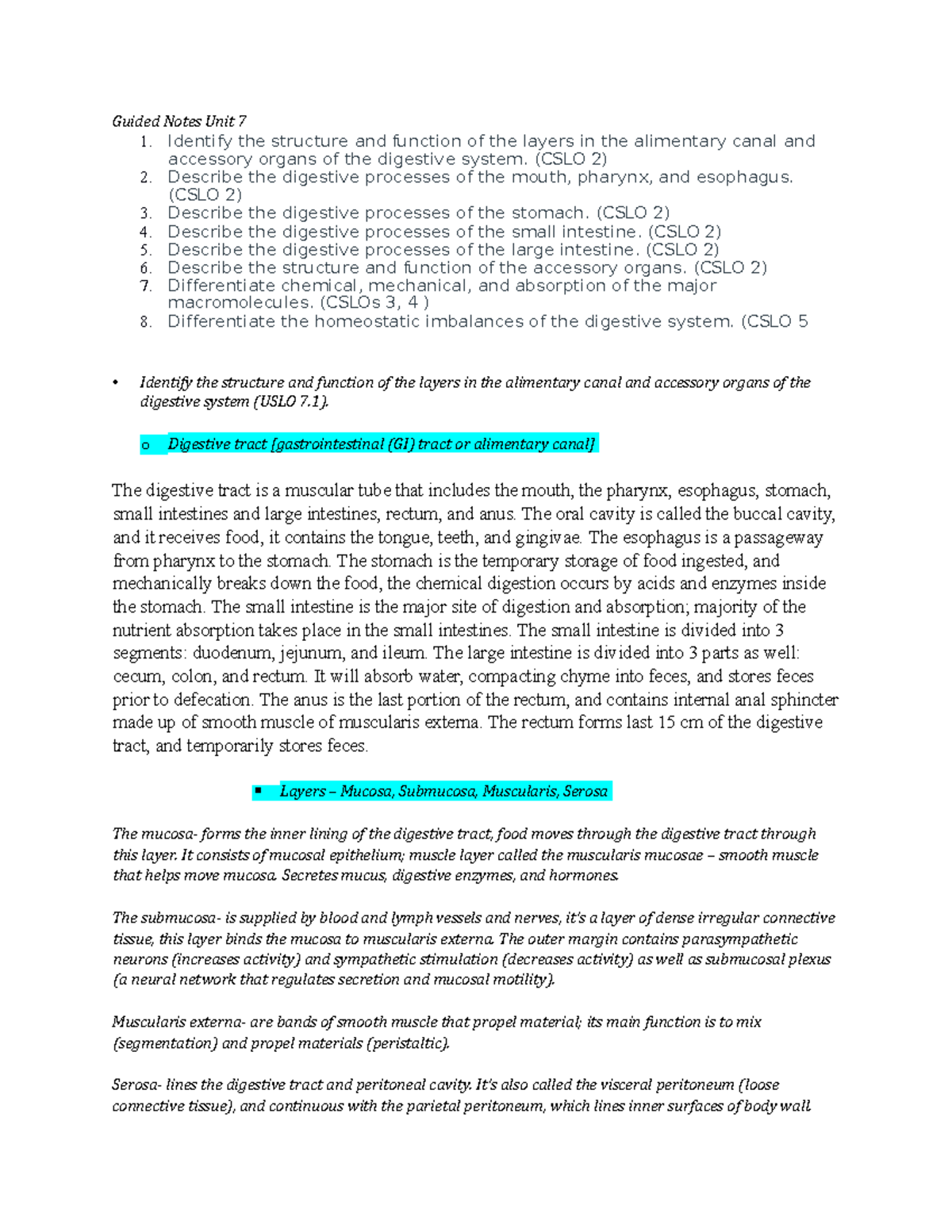 Guided Notes: Digestive System Structure & Functions (Unit 7) - Studocu