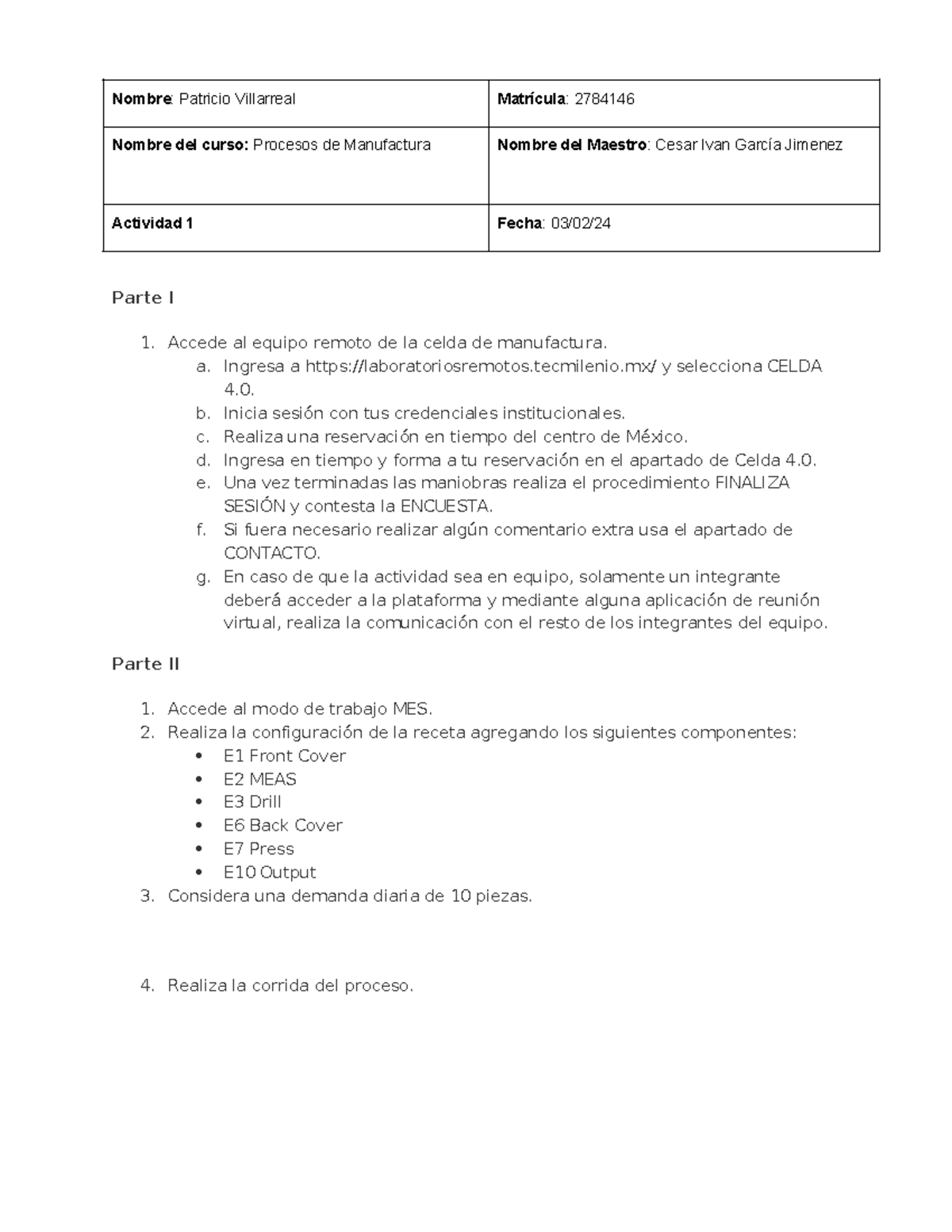 Actividades de Manufactura en Celda 4.0 - Procesos de Manufactura - Studocu