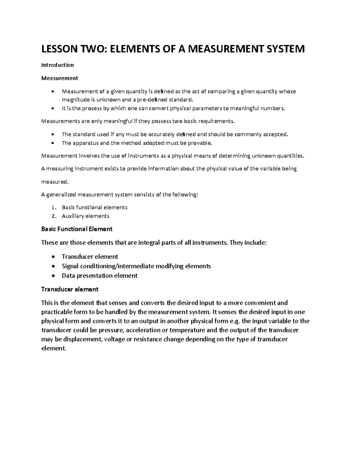 Lesson 2 - Elements of a Measurement System in Engineering - Studocu