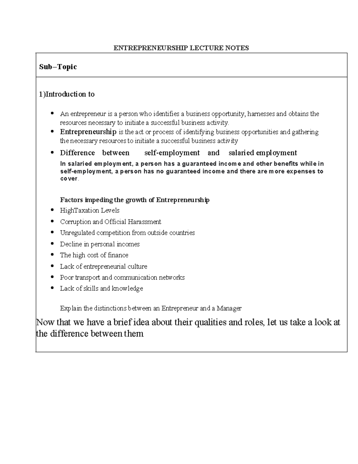 Entrepreneurship Lecture Notes - Key Concepts & Factors Affecting ...