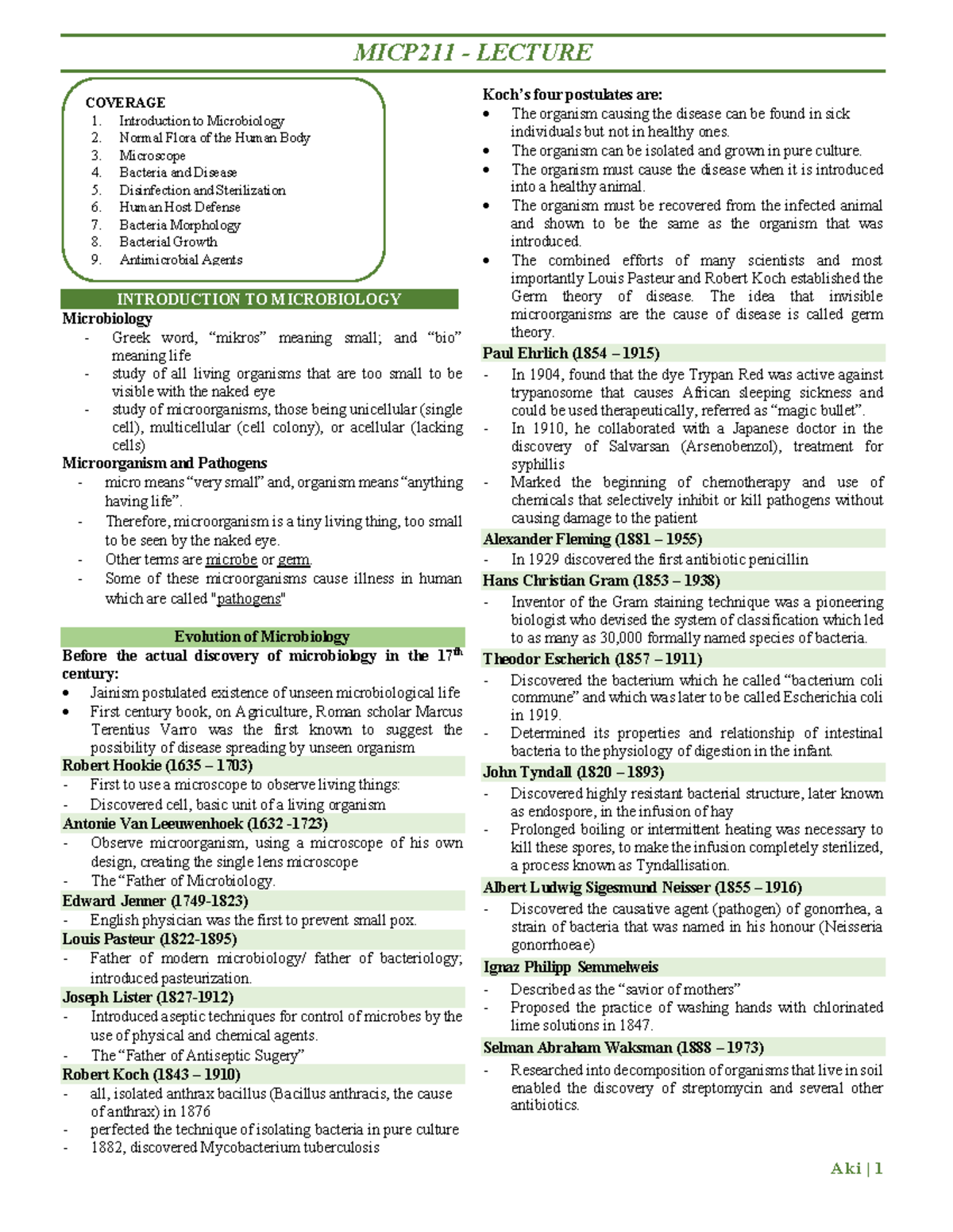 MICP211 LECTURE NOTES: Introduction to Microbiology and Pathogens - Studocu