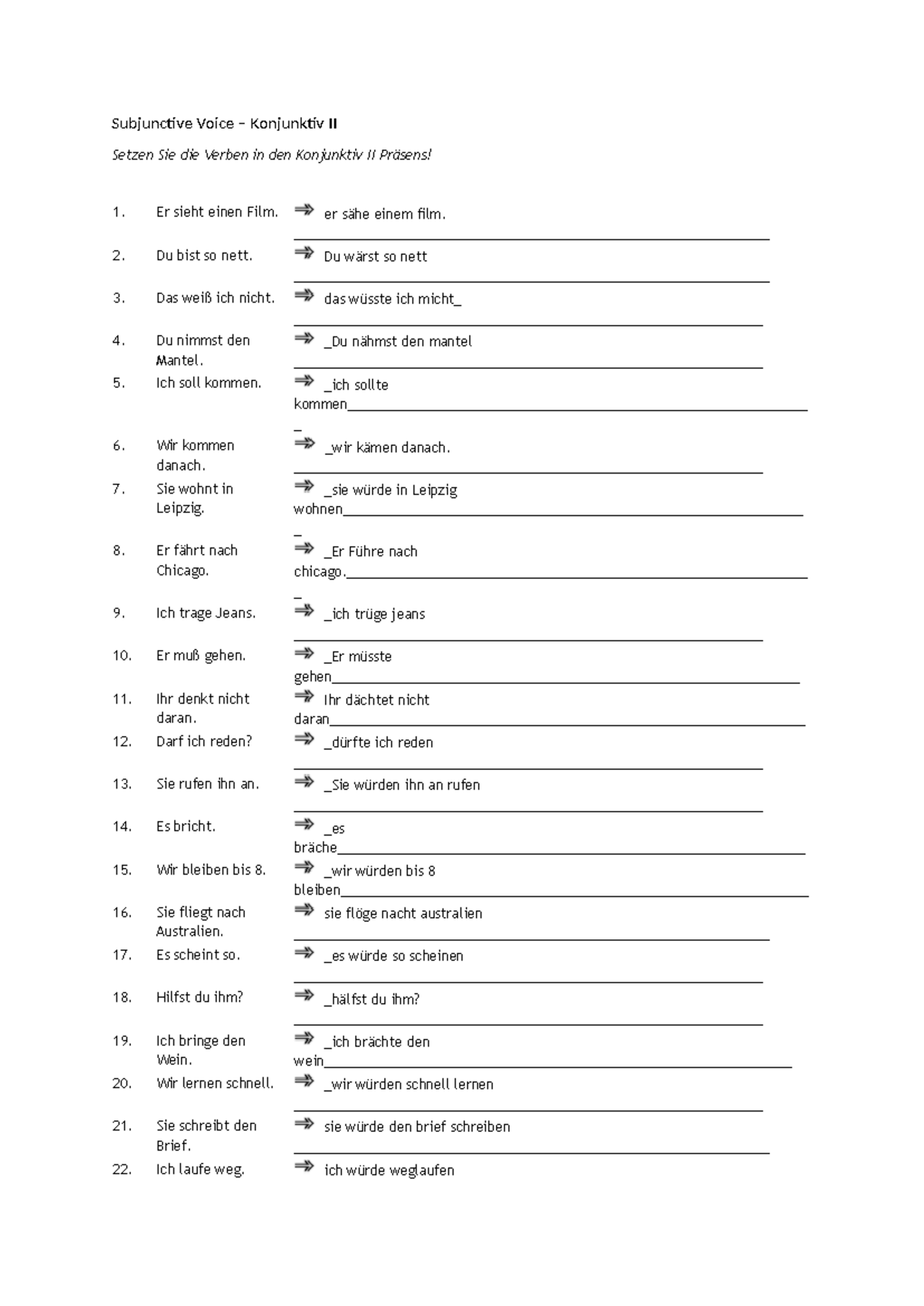 Subjunctive II Practice Exercises - German Language Course - Studocu