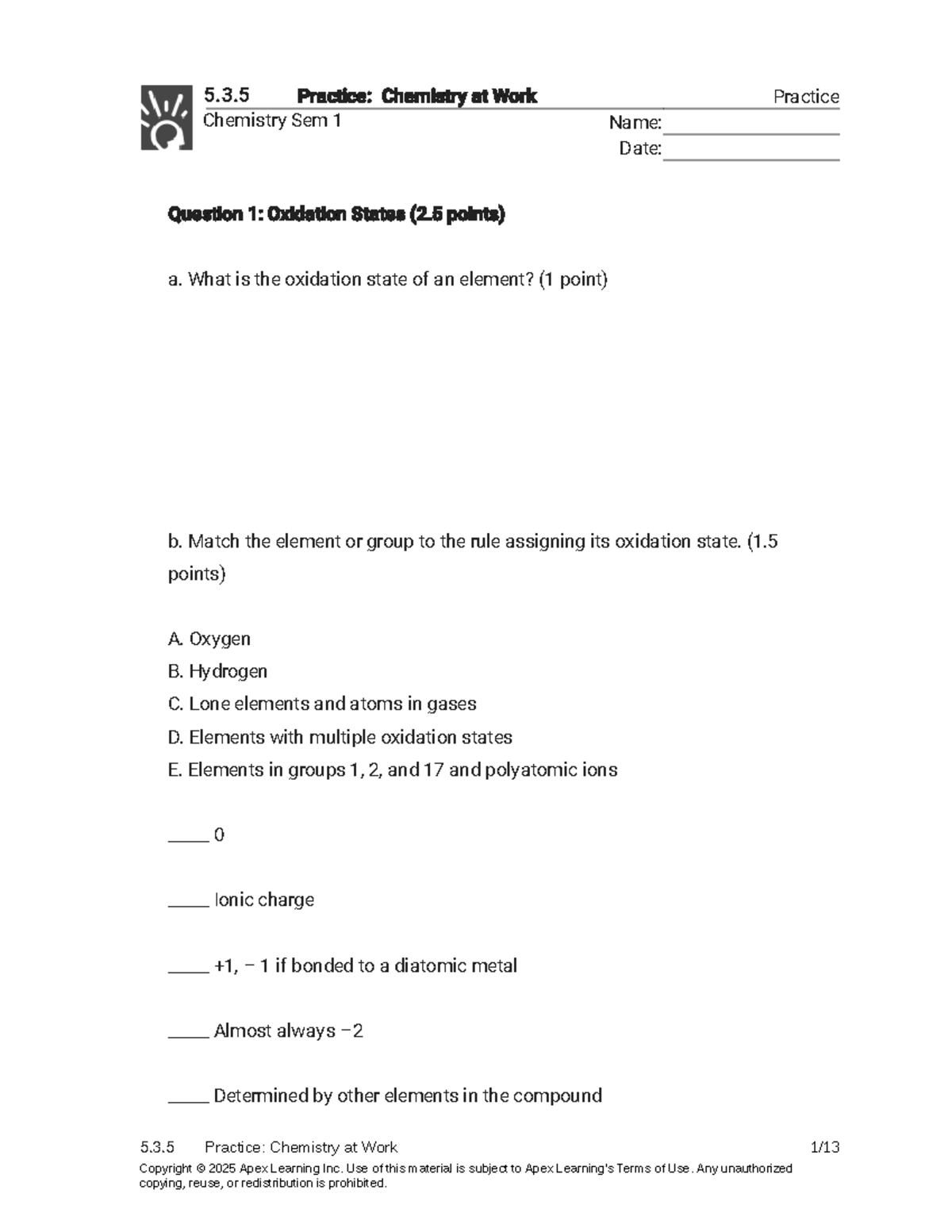 5.3.5 Practice: Oxidation States and Redox Reactions in Chemistry - Studocu