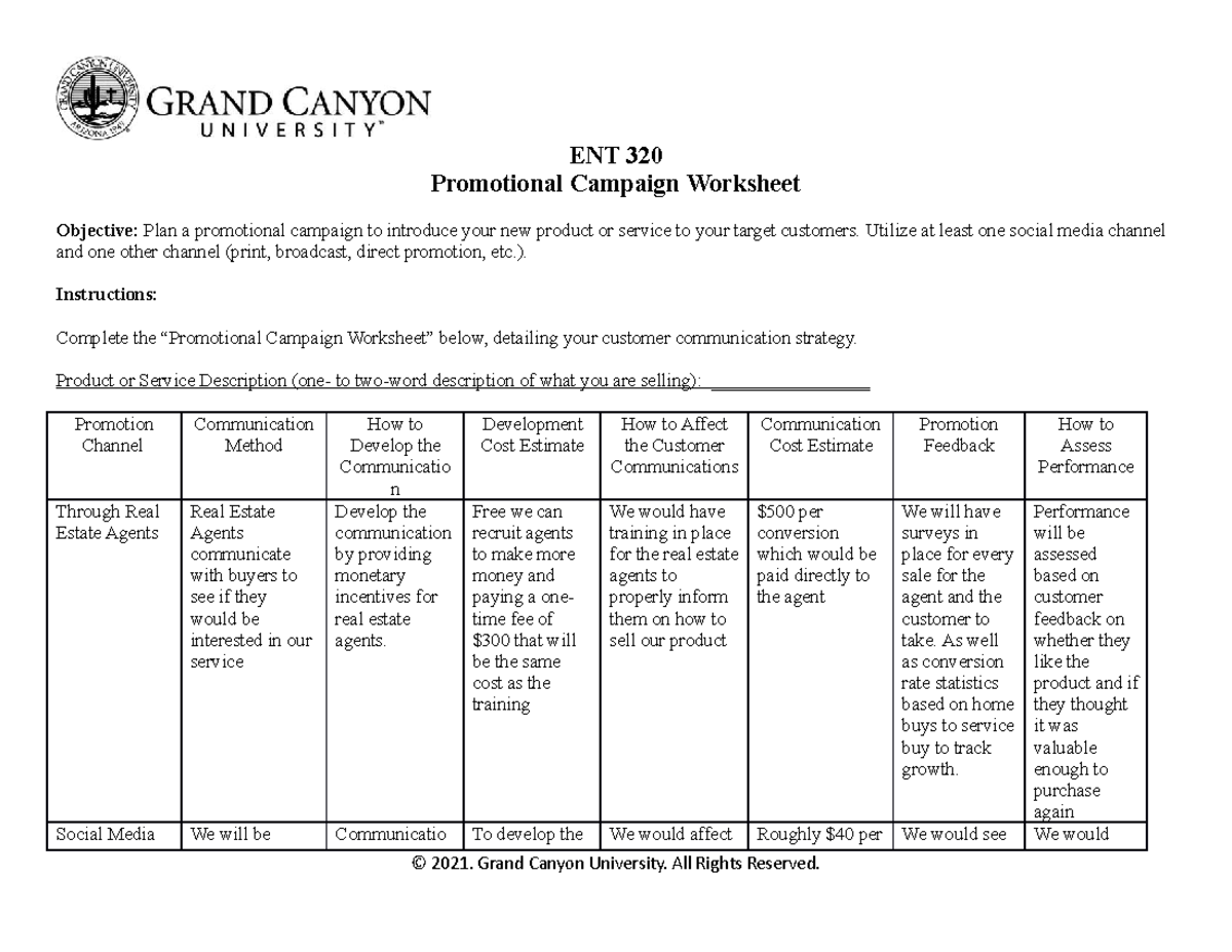 ENT-320-RS-T5-Promotional-Campaign Worksheet Topic 5 - ENT 320 ...