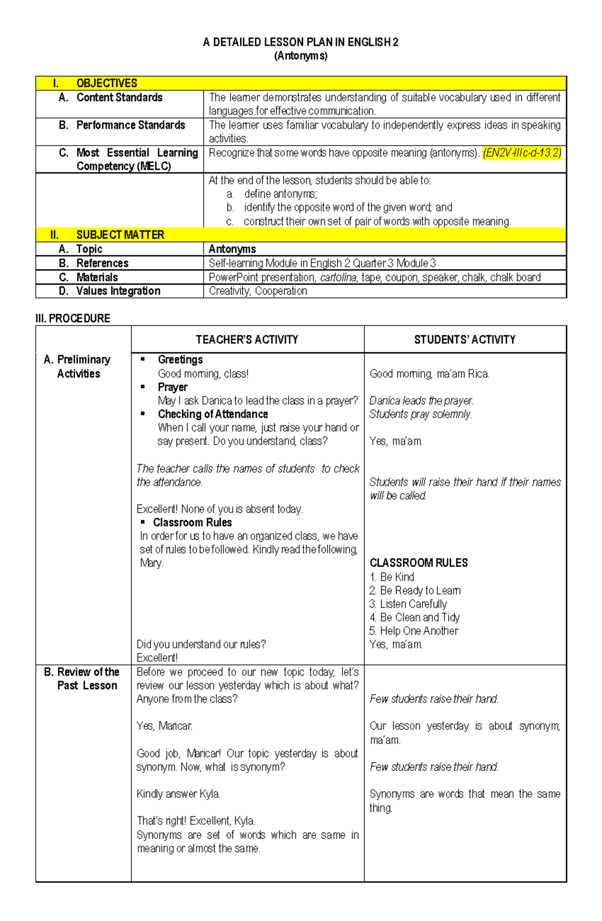 A Detailed Lesson Plan on Antonyms for English 2 - Studocu