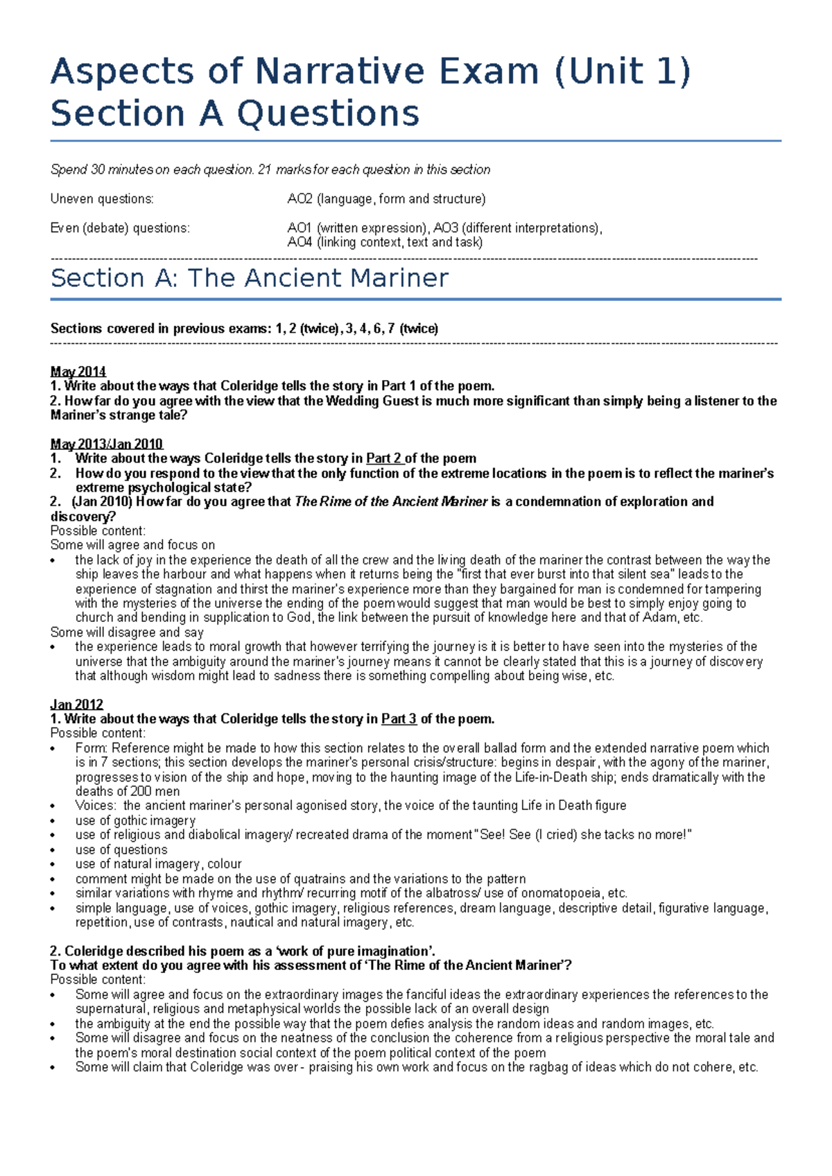 Aspects of Narrative Exam Questions (Unit 1) - Studocu