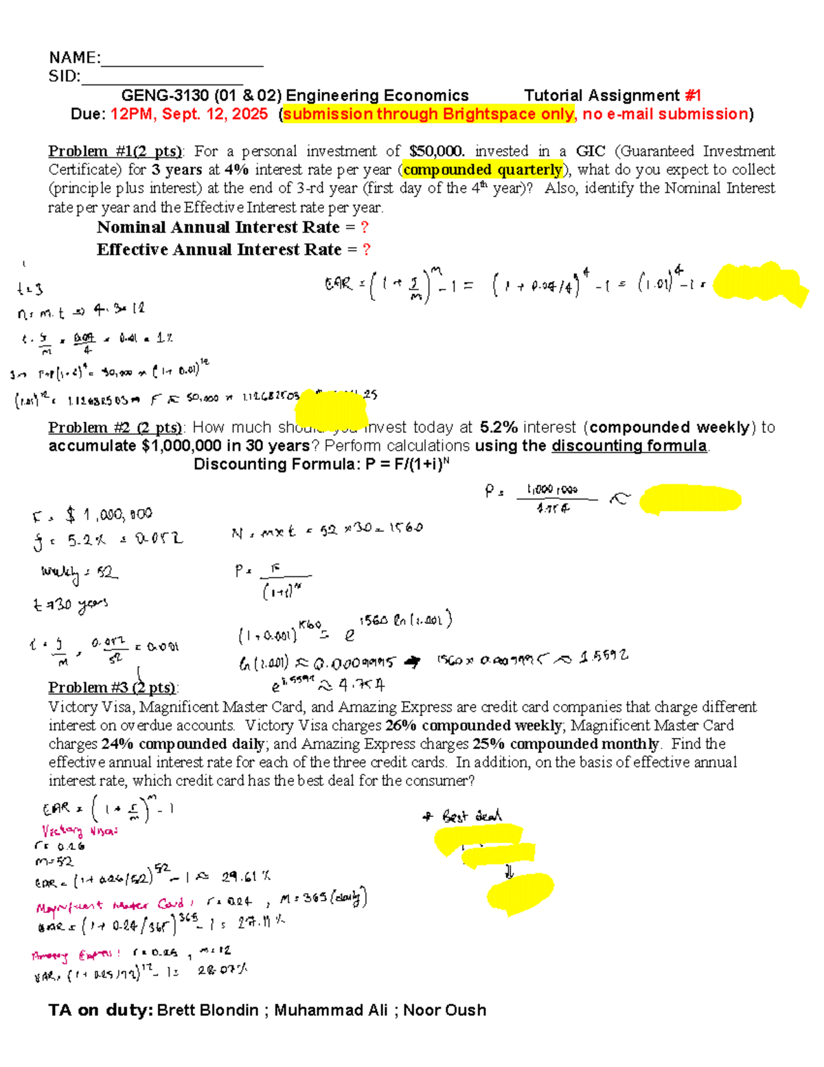 (01 02) Engineering Economics Tutorial Assignment Problems - Due Sept ...