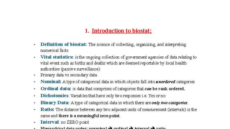 Biostatistics Overview: Key Concepts and MCQs for Course BIO101 - Studocu
