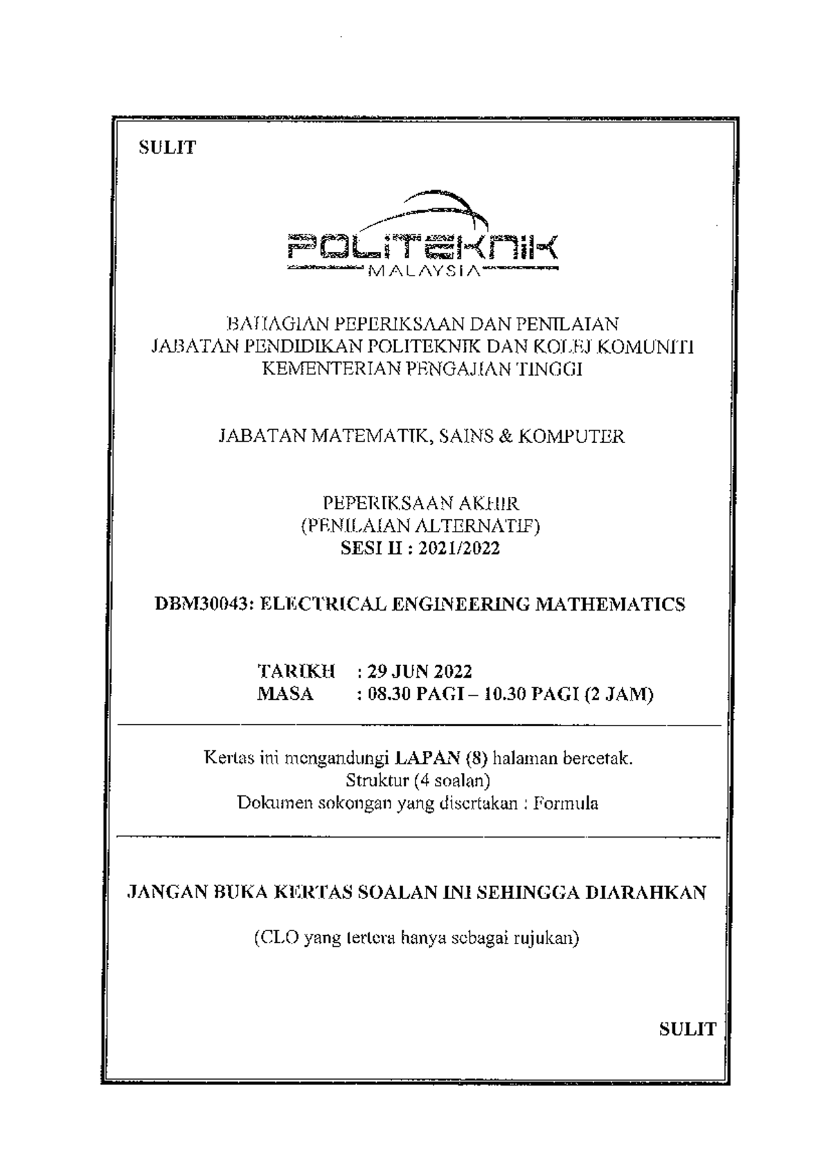 DBM30043: ELECTRICAL ENGINEERING MATHEMATICS FINAL EXAM JULY 2022 - Studocu