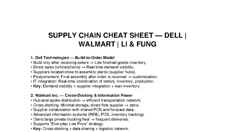 Dell, Walmart, Li Fung Supply Chain Cheat Sheet - Studocu