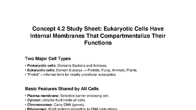 Concept 4.2 Biology Study Sheet: Eukaryotic vs. Prokaryotic Cells - Studocu