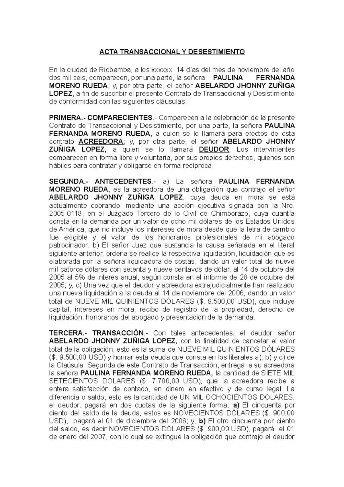 ACTA Transaccional y Desistimiento en Juicio de Alimentos Nro. 2012 ...