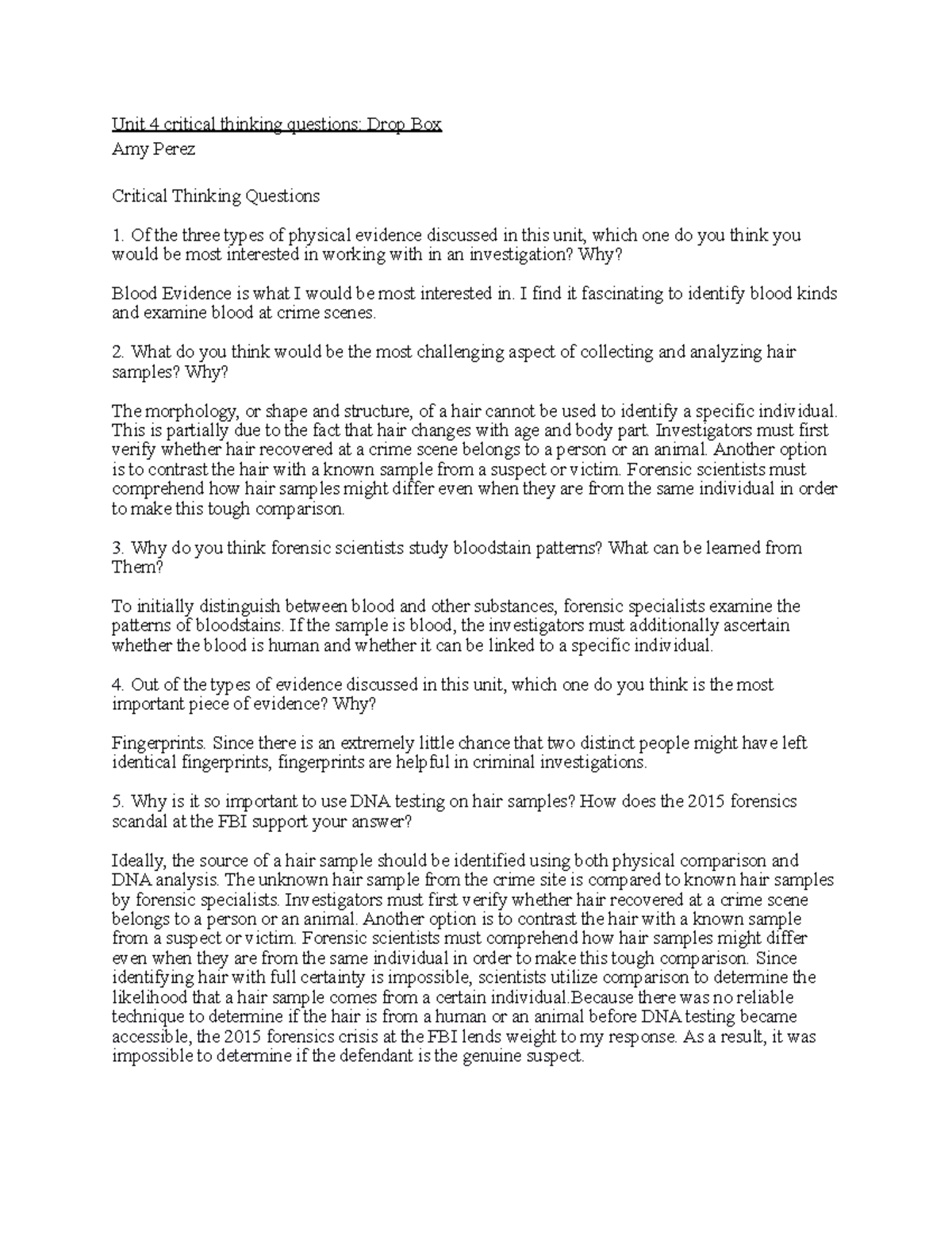 Unit 4 Critical Thinking Questions for Forensic Science - Studocu
