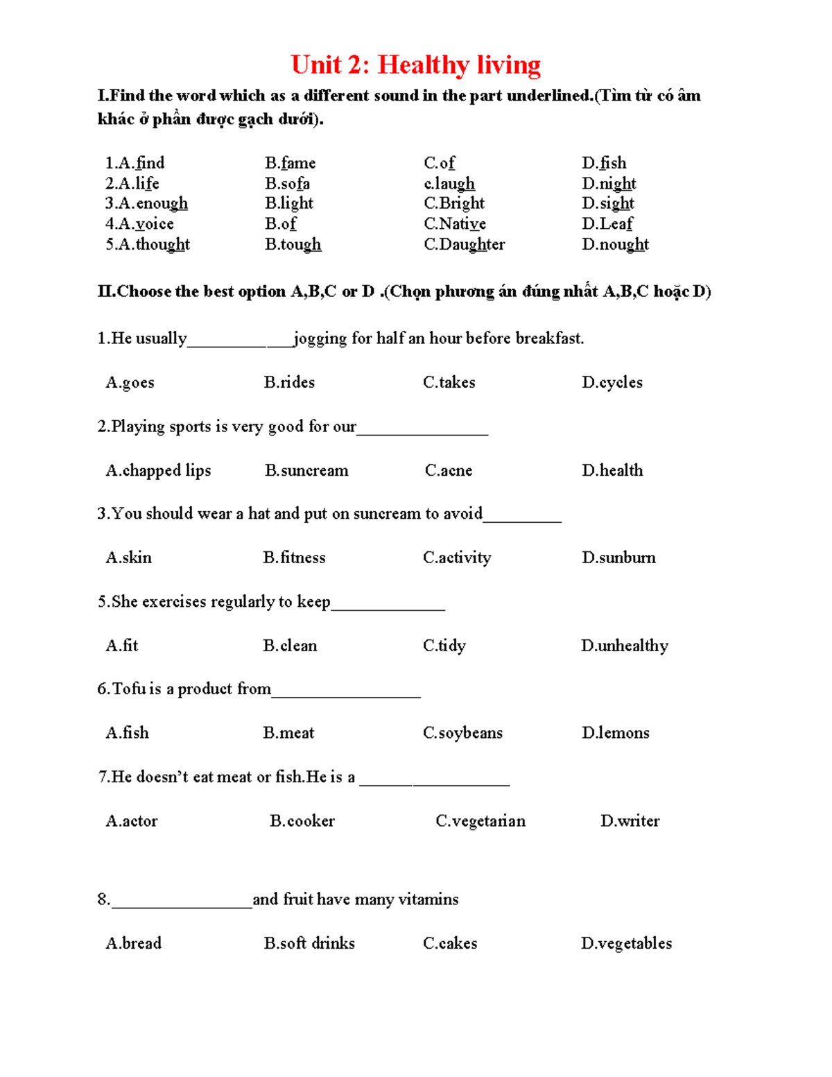 Unit 2: Healthy Living - Exam Review and Vocabulary Practice - Studocu