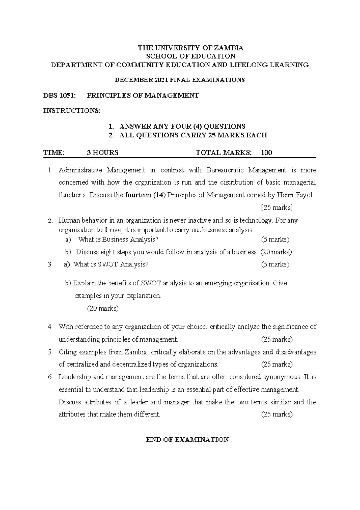 DBS 1051: Final Exam Study Guide on Principles of Management - Studocu