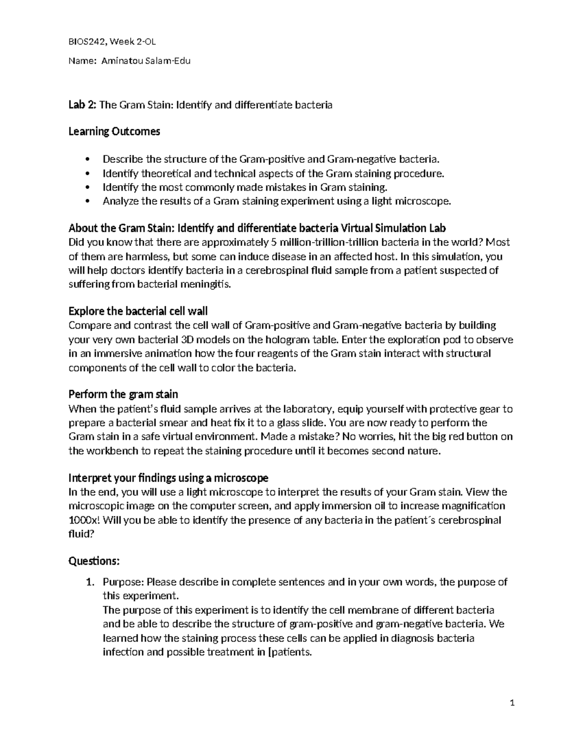 BIOS242 Week 2: Virtual Lab on Gram Staining Techniques - Studocu