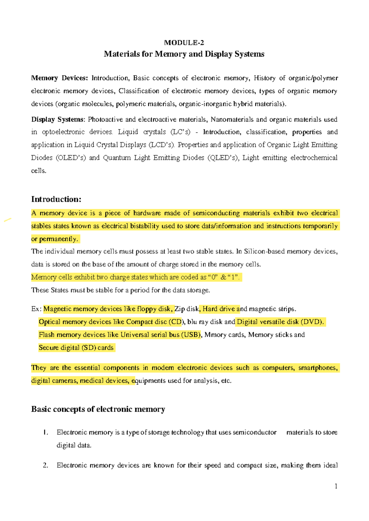 Module II CSE: Materials for Memory & Display Systems Overview - Studocu