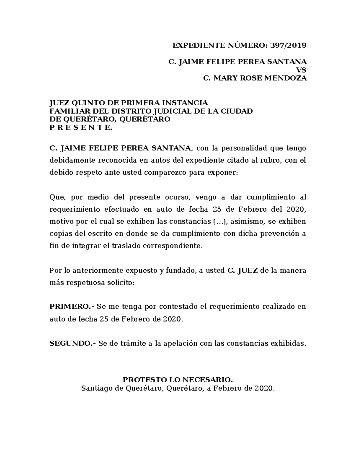 Contestación a Prevención en Expediente 397 - C. Jaime Felipe Perea ...