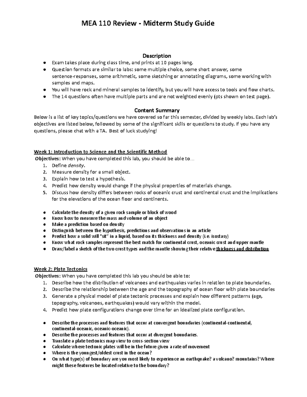 MEA 110 Midterm Study Guide: Key Topics & Lab Objectives - Studocu