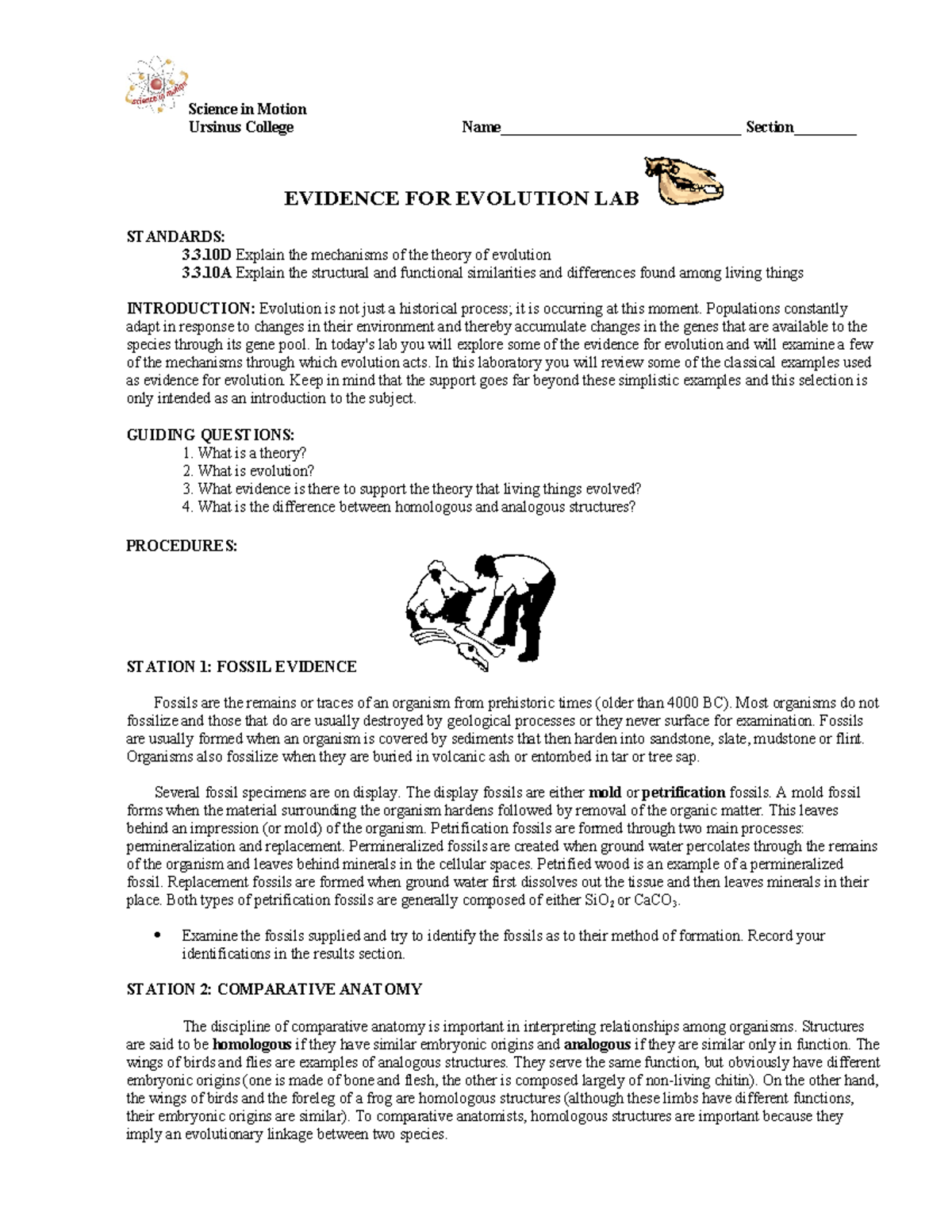 Evidence for Evolution Lab (BIO 101) at Ursinus College - Studocu