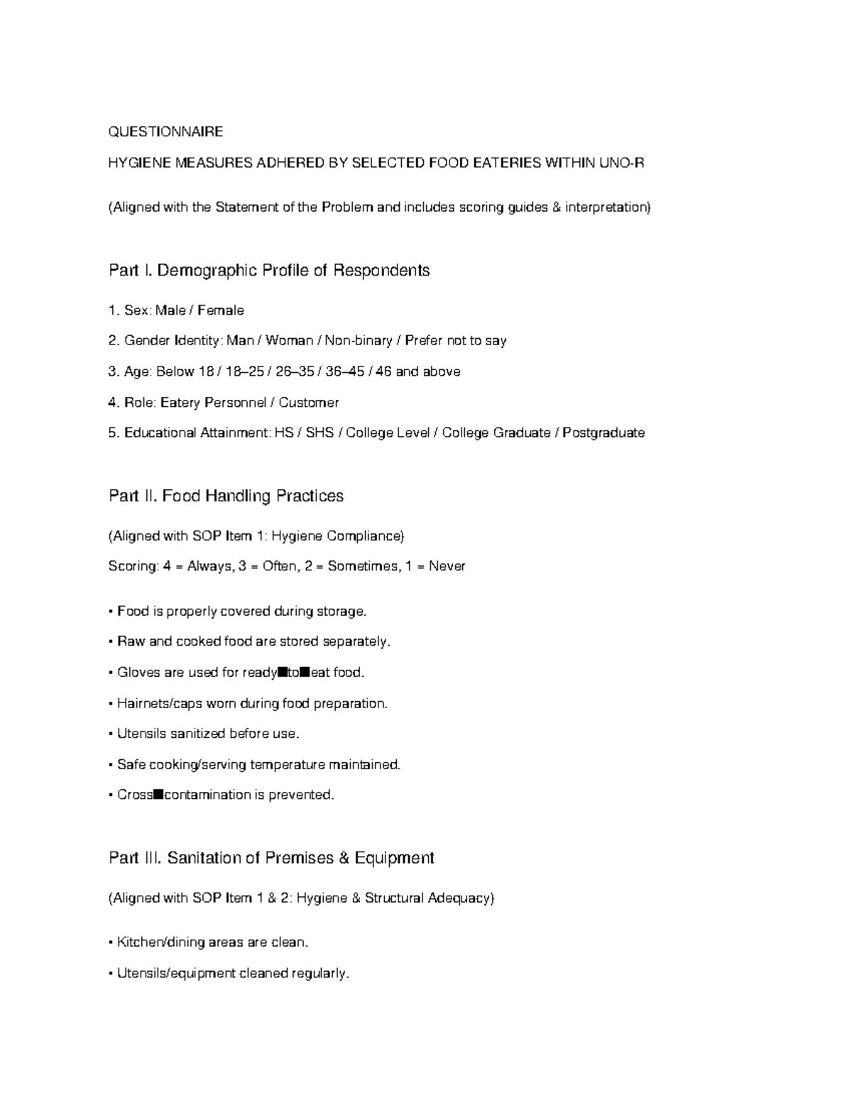 HYG-101 Questionnaire on Hygiene Measures in Food Eateries - Studocu