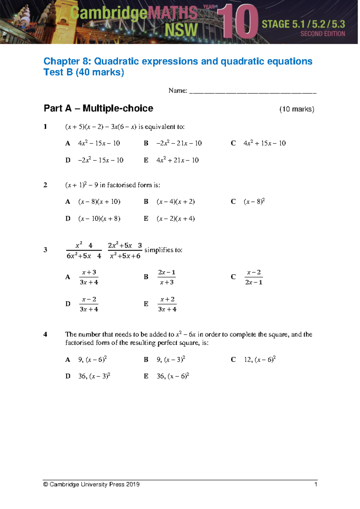 Test B: Quadratic Expressions and Equations (Chapter 8) - Studocu
