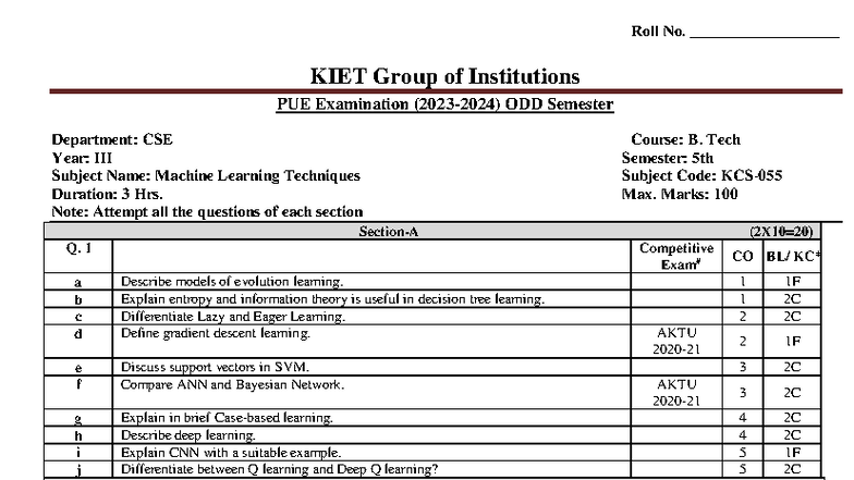 Machine Learning Techniques - B. Tech 5th Sem PUE Exam Notes - Studocu