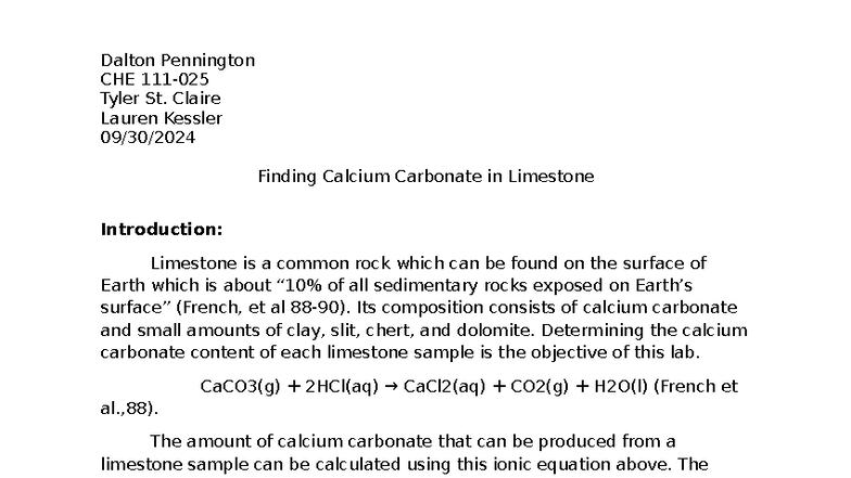 CHE 4 Lab Report: Finding Calcium Carbonate in Limestone - Studocu