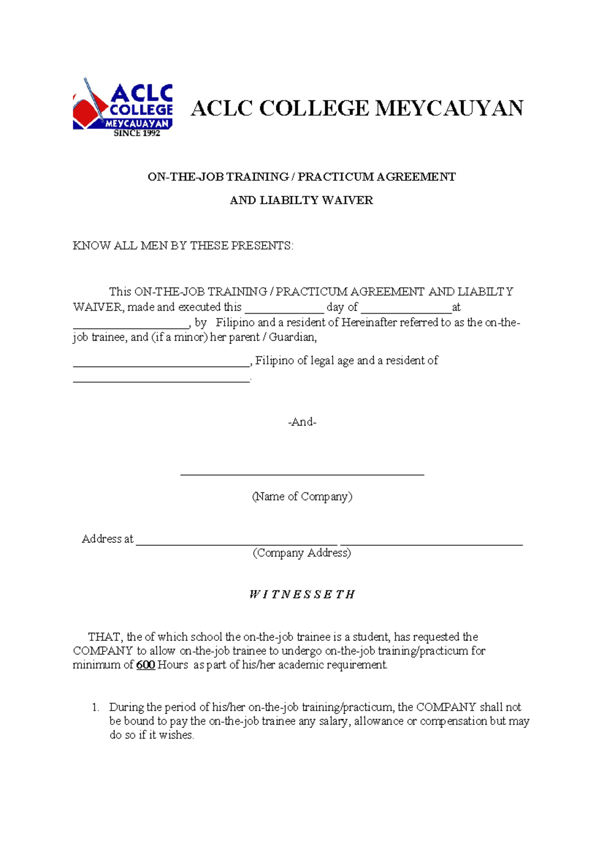 ACLC College Meycauyan Liability Waiver - ACLC COLLEGE MEYCAUYAN ON-THE ...