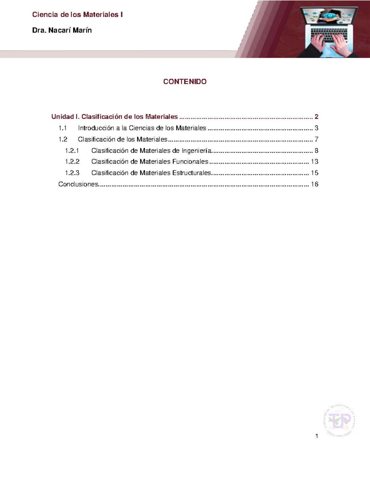 Ciencia de los Materiales I: Unidad I - Clasificación de Materiales - Studocu