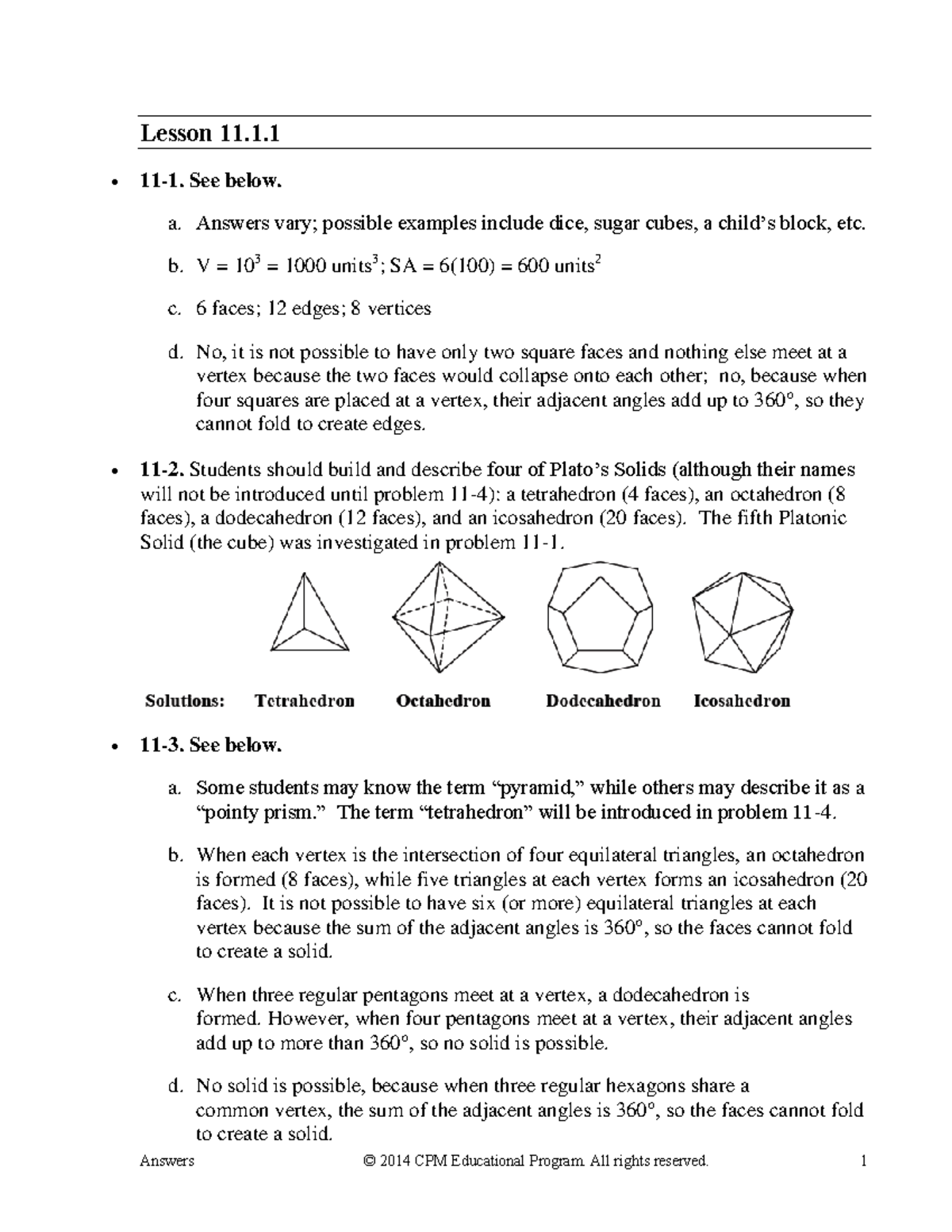 Math 11 - Lesson 11 Answers: Platonic Solids and Surface Areas - Studocu
