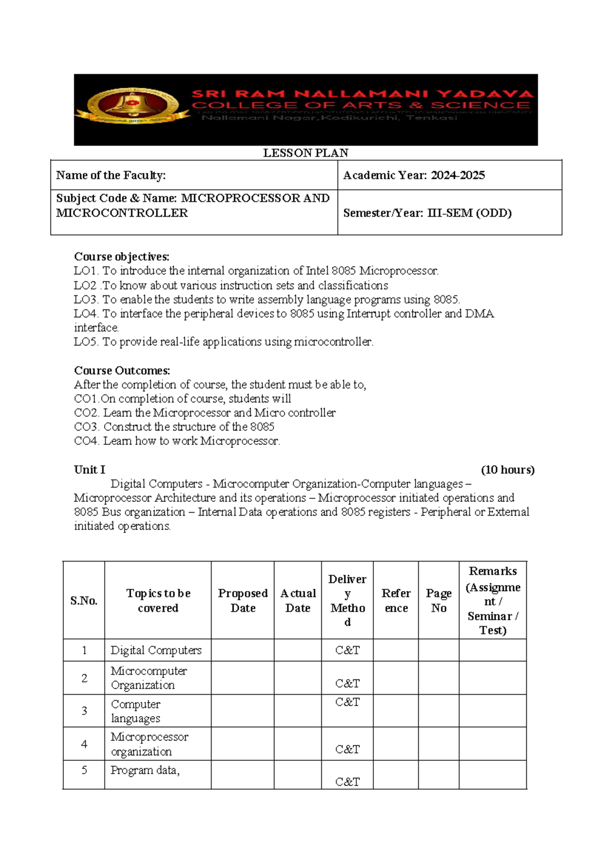 MP Microprocessor & Microcontroller Lesson Plan (ODD) - Studocu